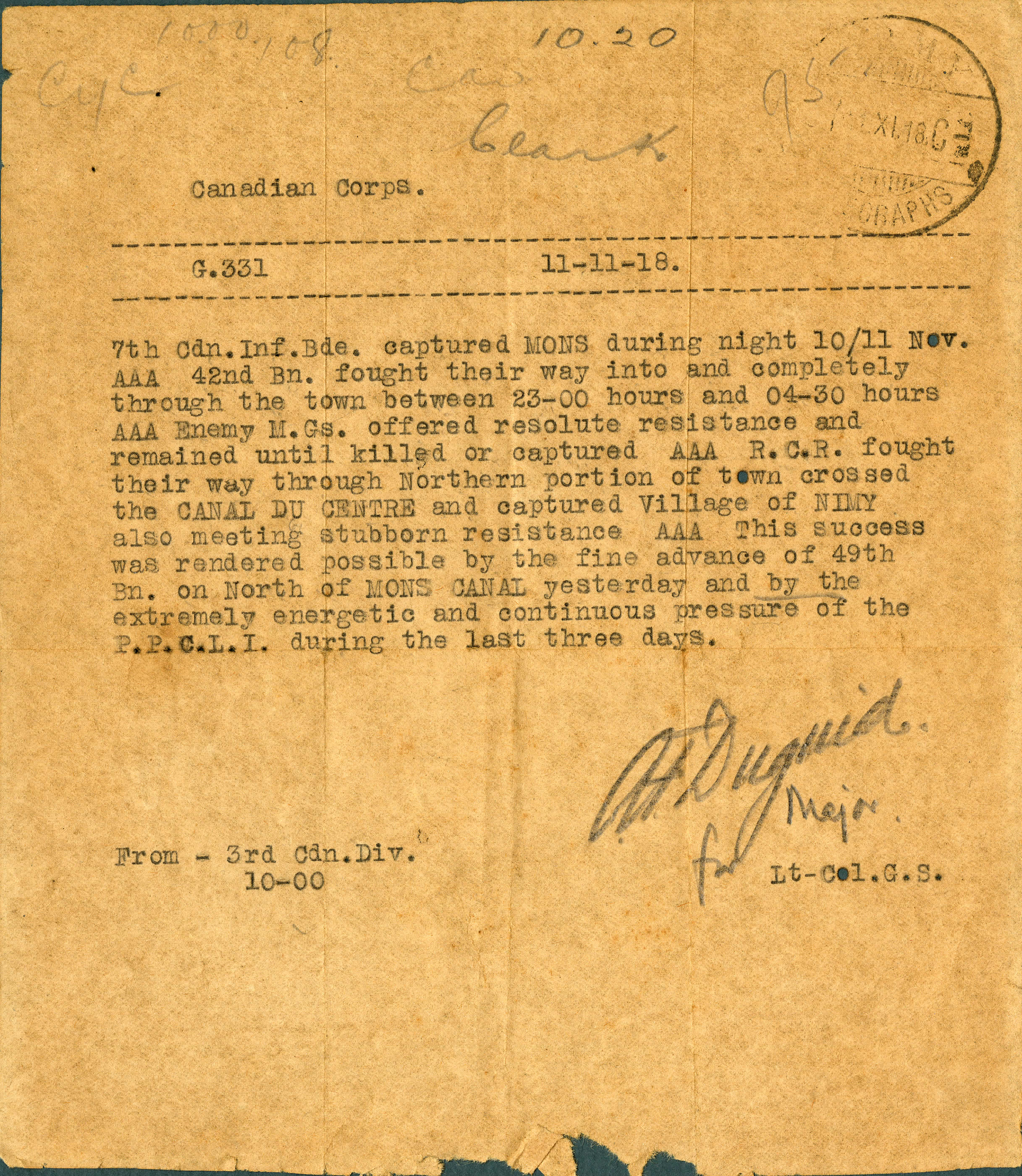 Military Documents - “Hostilities will cease…” | Canada and the First ...